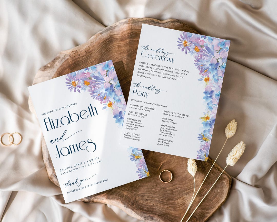 Blue Hydrangea Wedding Program, Printable 2-page Floral Ceremony and Entourage List Printable ...