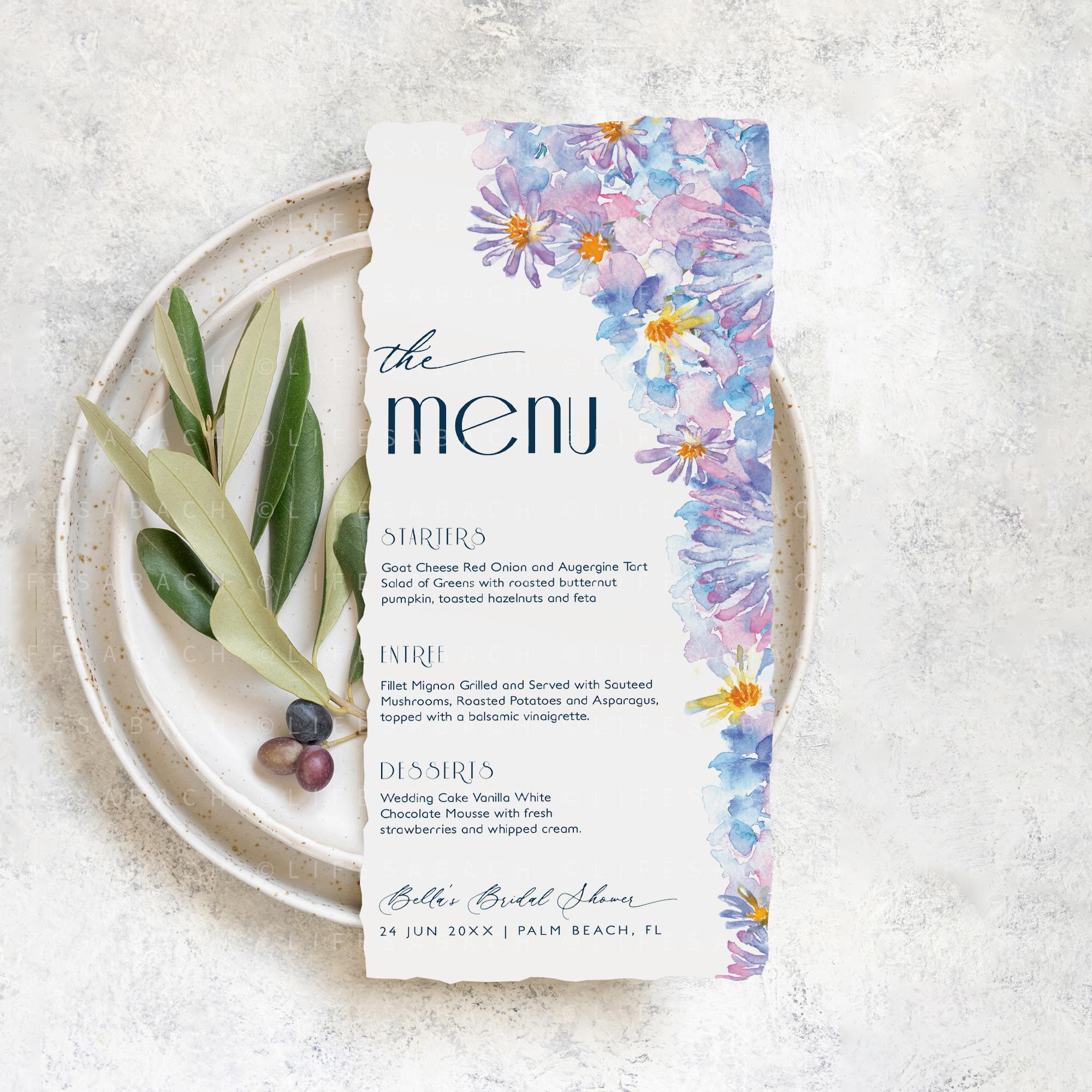 Wedding Menu Templates Blue Hydrangea, Custom Floral the Menu Recipe ...