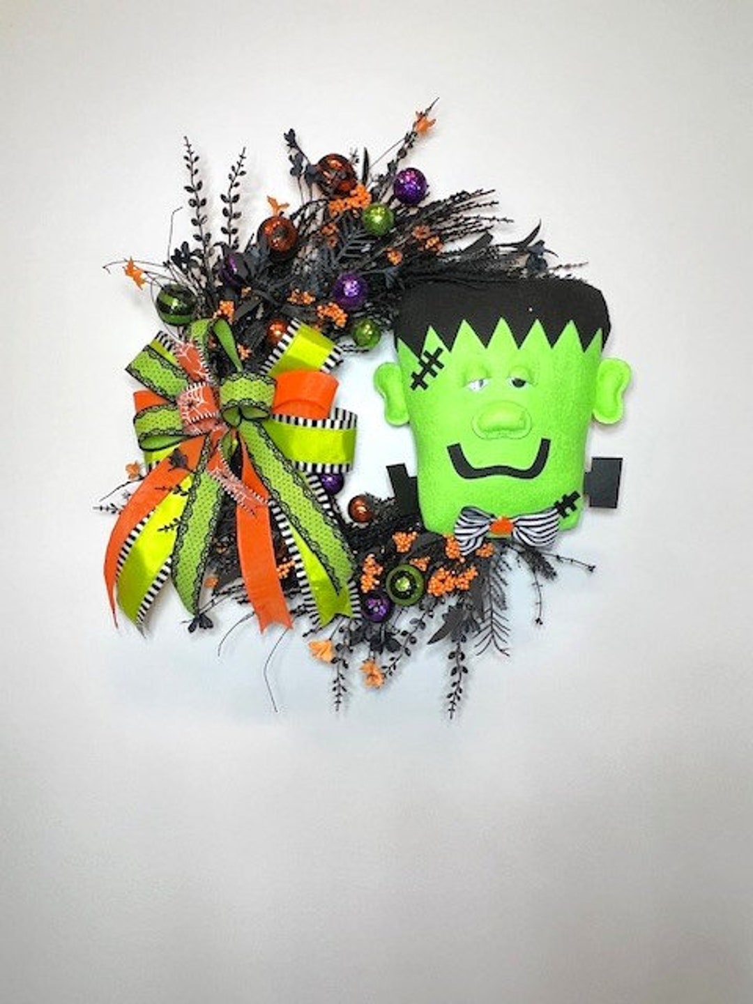 Frankenstein Halloween Wreath With Bows and Ornaments Halloween Door ...
