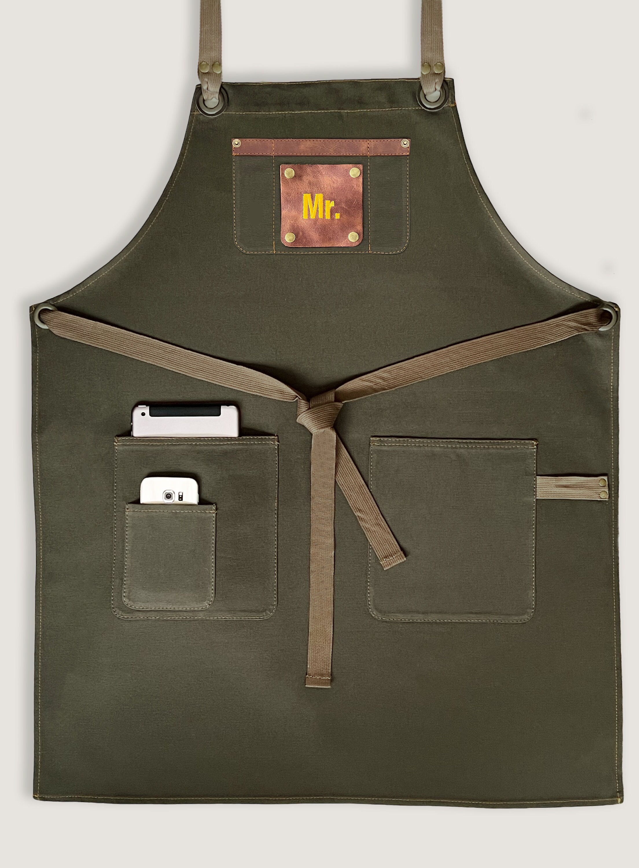 Apron for Women and Men. Personalized Leather Name Tag. Cellphone ...