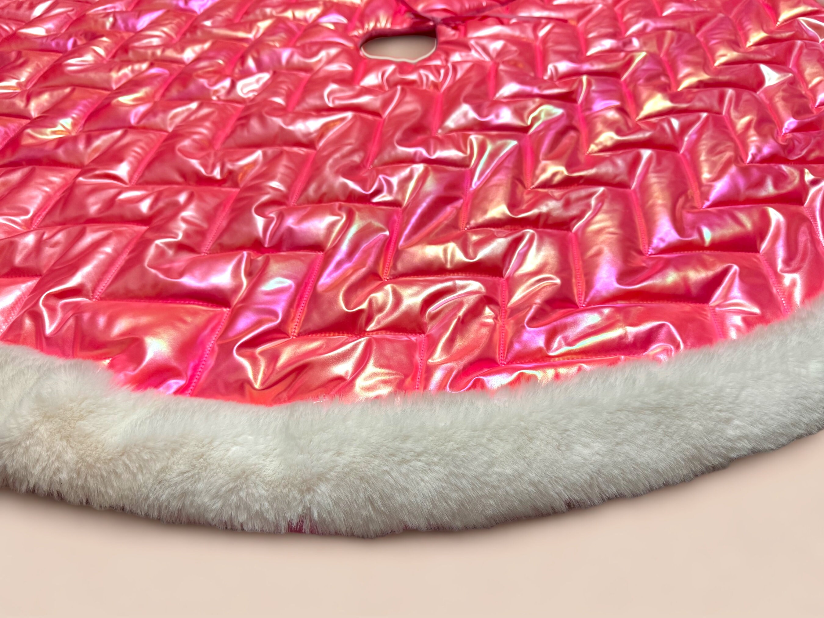 Pink Christmas Tree Skirt Quilted With Faux Fur Trim. Red Quilted Tree ...