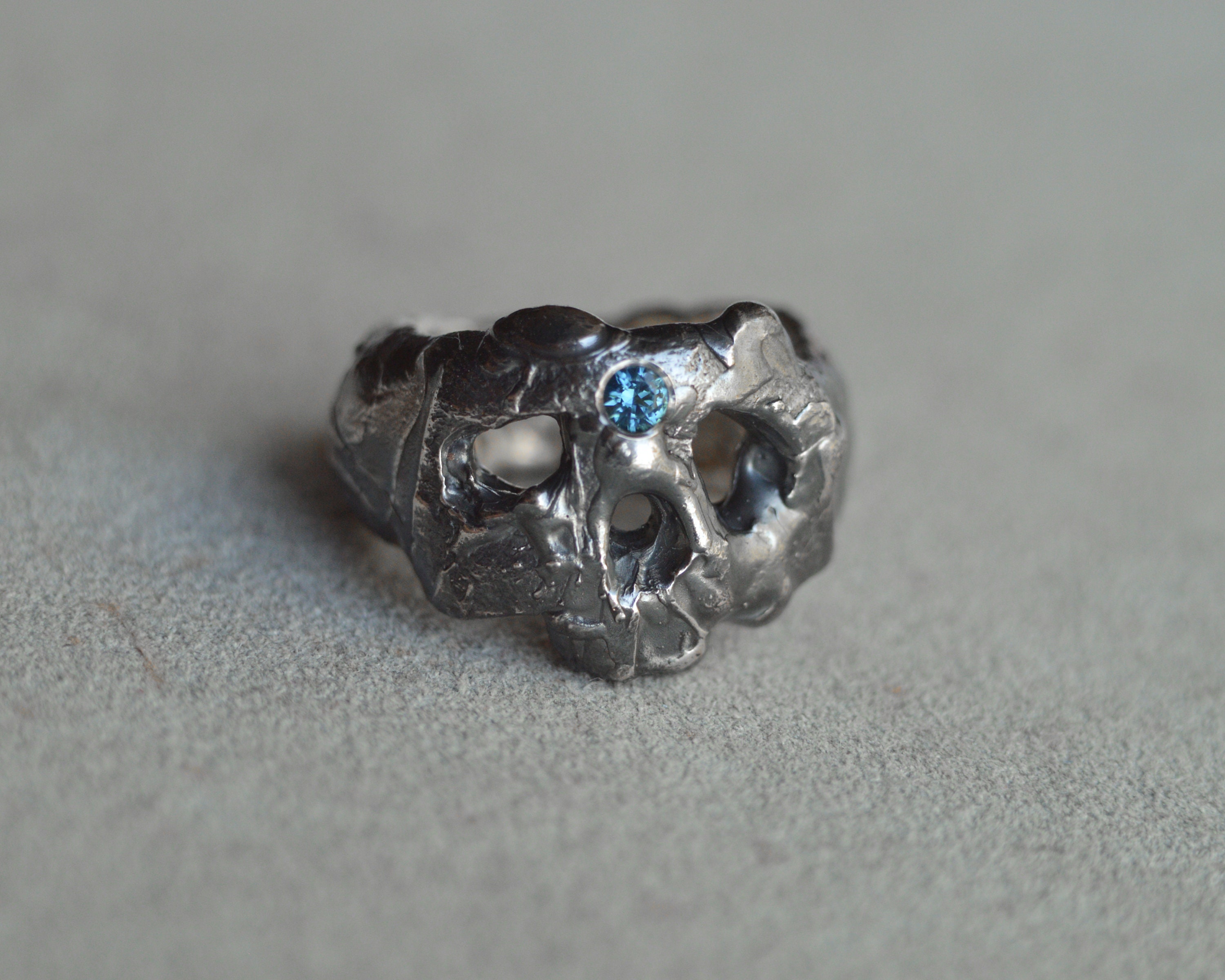 Dark silver rustic skull ring with cubic zirconia Gothic | Etsy