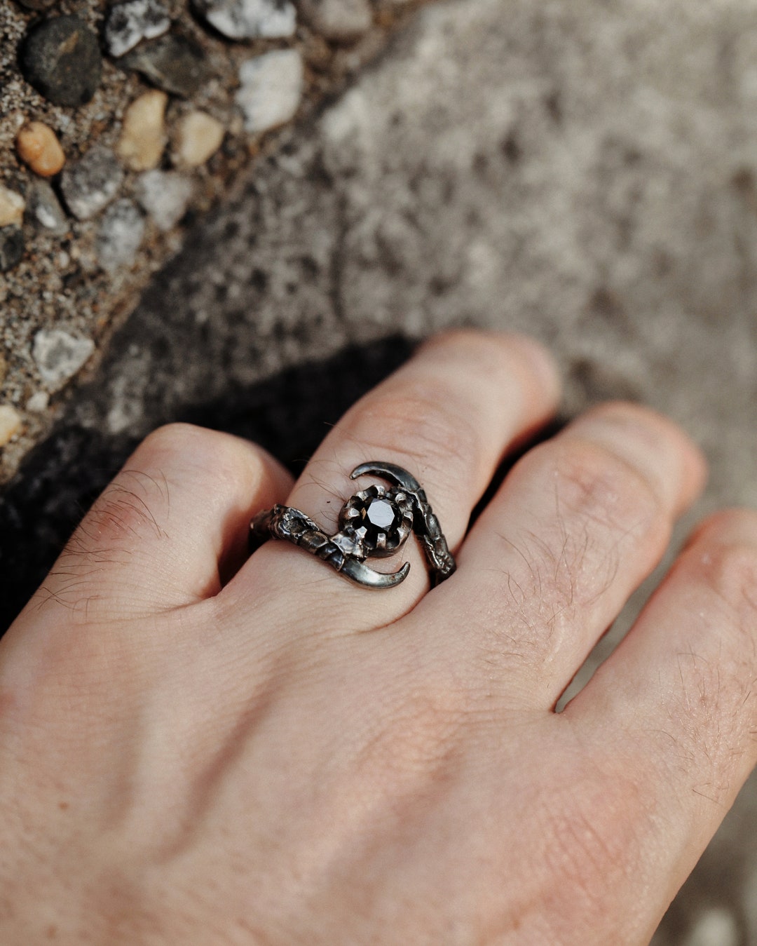 Rustic Silver Ring With Black Cubic Zirconia, Raven Claw Ring, Dark ...