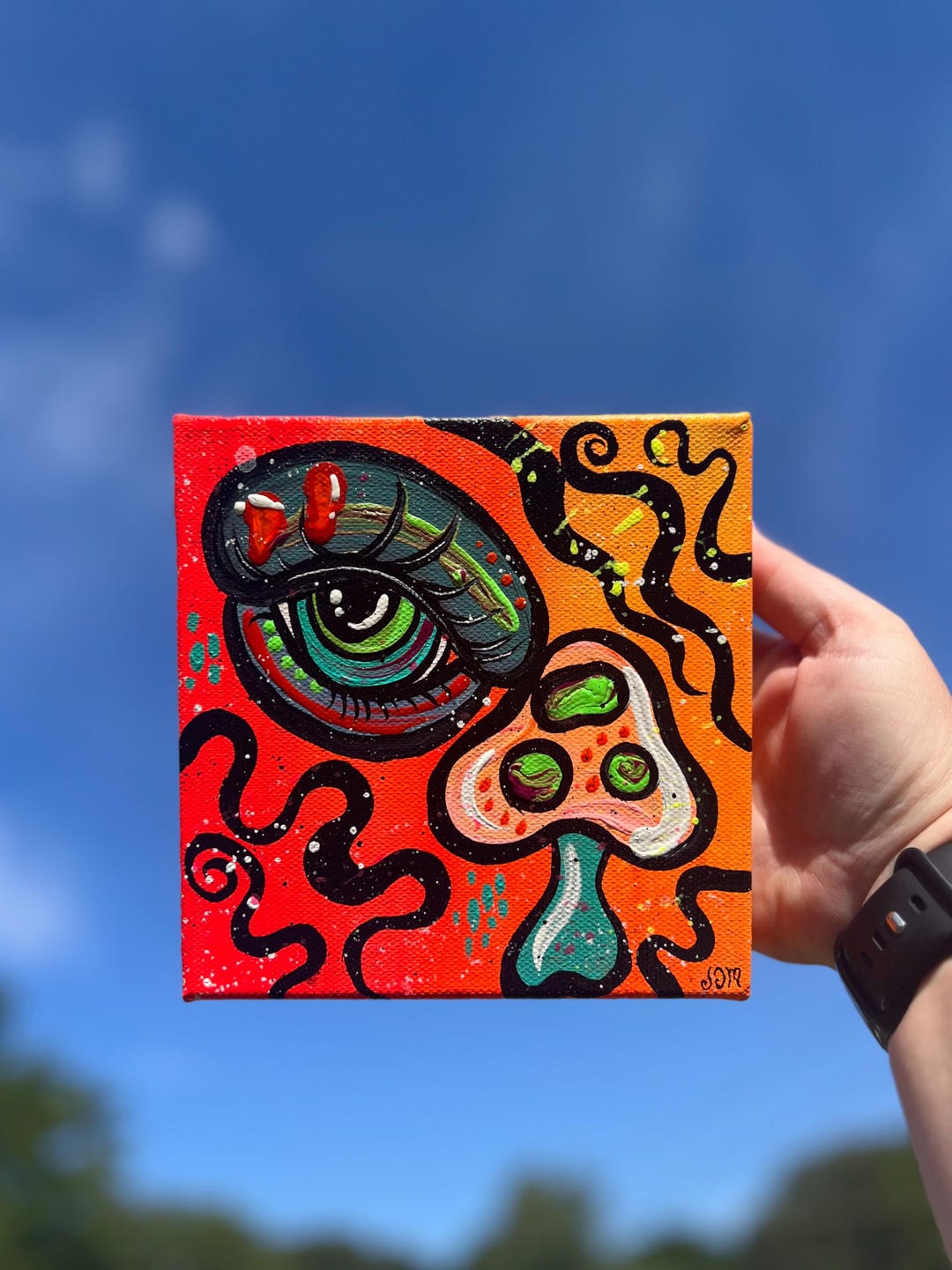 6x6 Neon Trippy Abstract Eye and Mushroom With Squiggles Acrylic ...