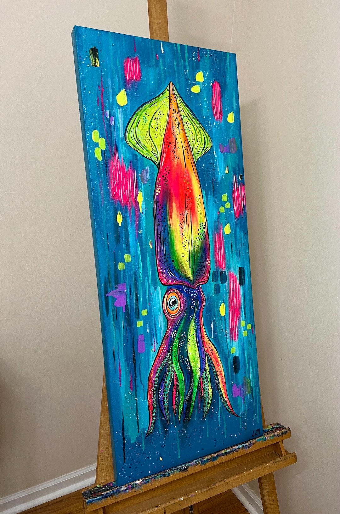 Electric Depths – Neon Squid Painting With Black Light Accents on 1.5 ...