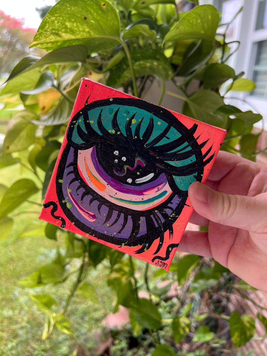 4x4 Neon Trippy Abstract Eye With Squiggles Acrylic Painting on 1.5 ...