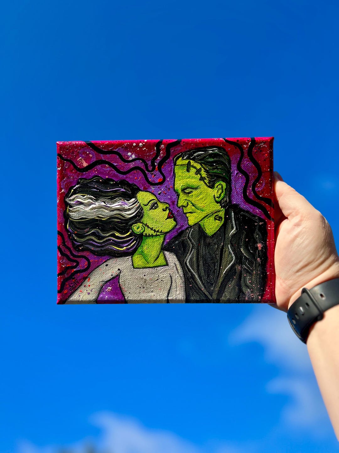 6x8 Frankenstein and Bride of Frankenstein Couples Painting Spooky Goth ...
