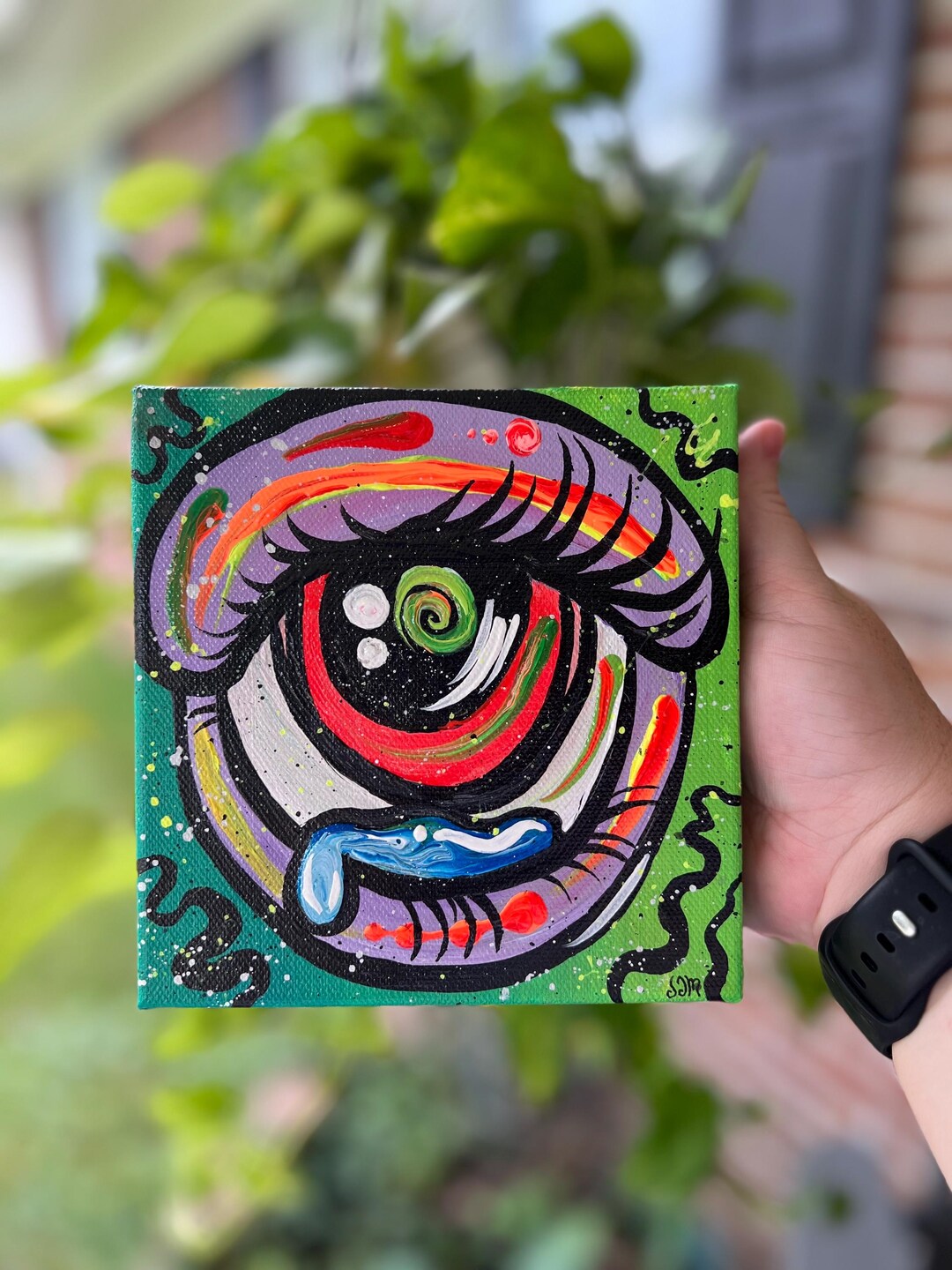 6x6 Neon Trippy Abstract Eye With Squiggles Acrylic Painting on 1.5 ...