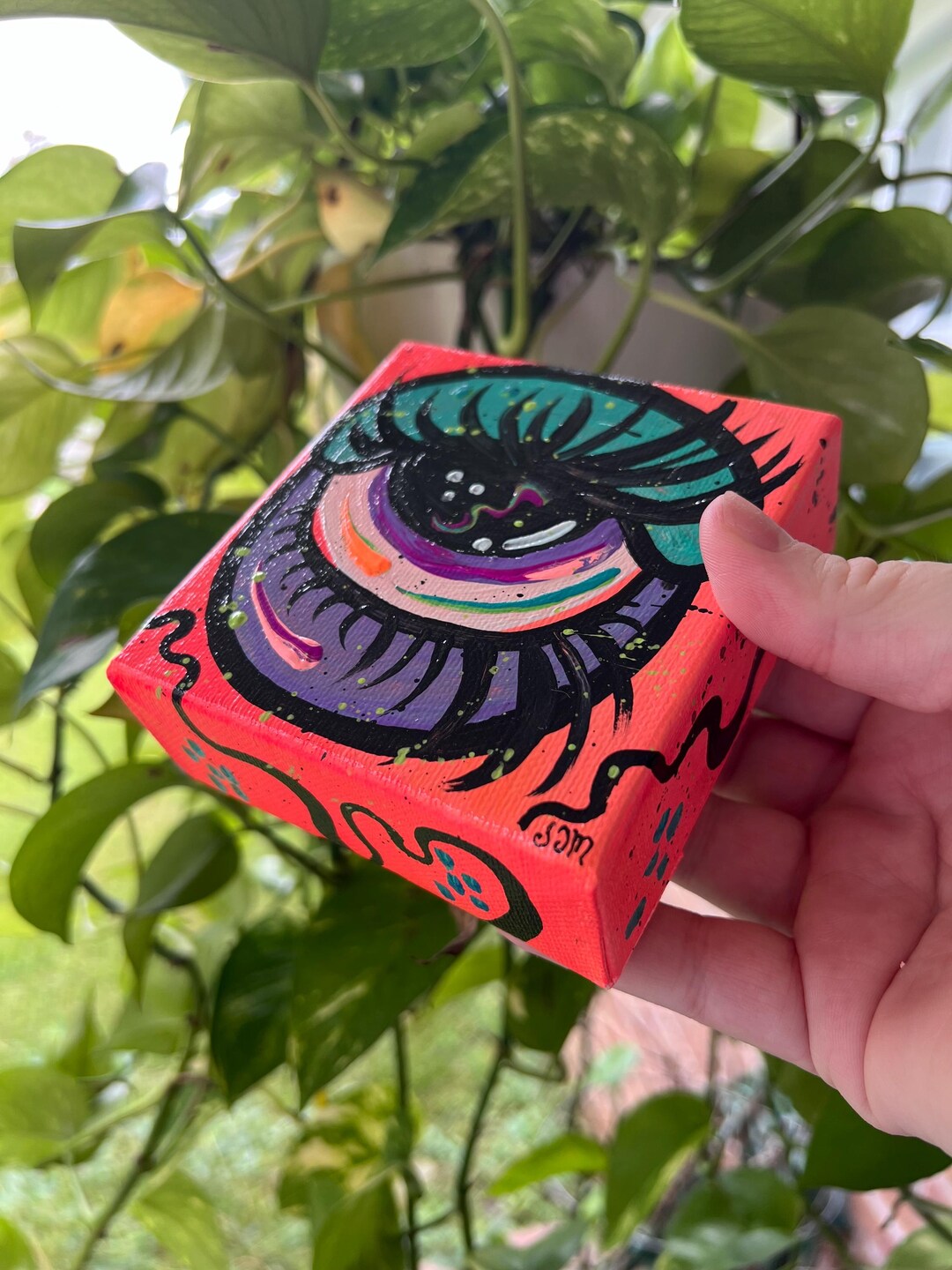 4x4 Neon Trippy Abstract Eye With Squiggles Acrylic Painting on 1.5 ...