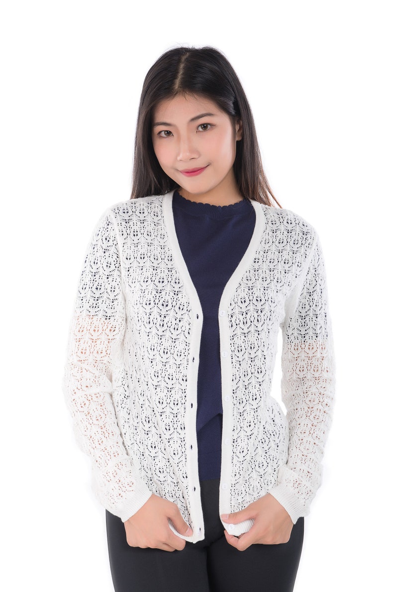 Womens Sweater Cardigan White Button Down Long Sleeve Crocheted - Etsy