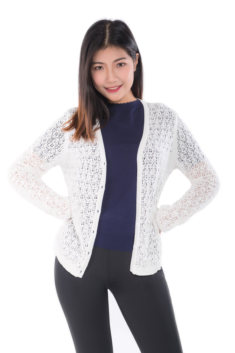 Womens Sweater Cardigan White Button Down Long Sleeve Crocheted - Etsy