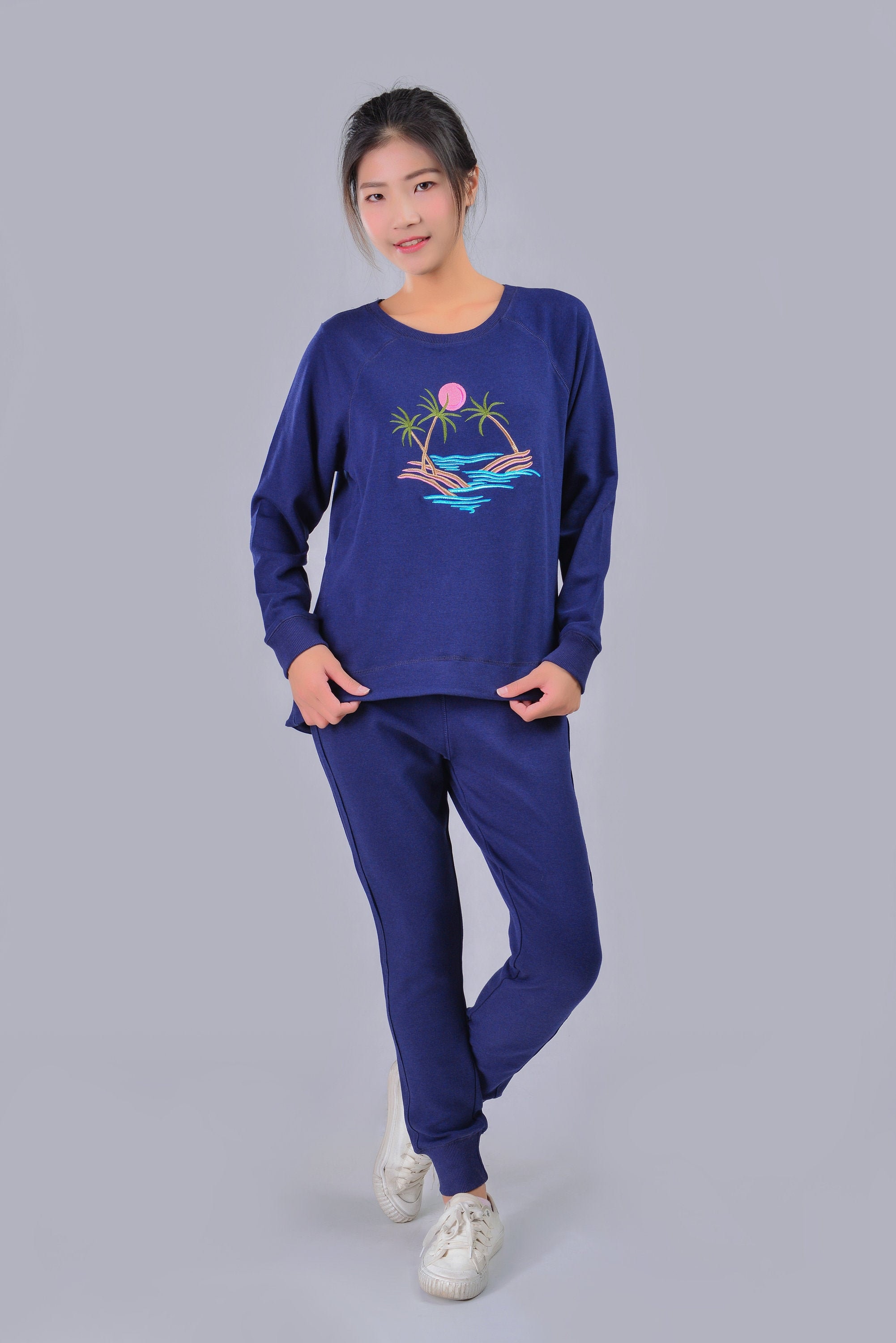 Womens Sweater Sets Blue Embroidered Soft Fleece Long Sleeve - Etsy Denmark