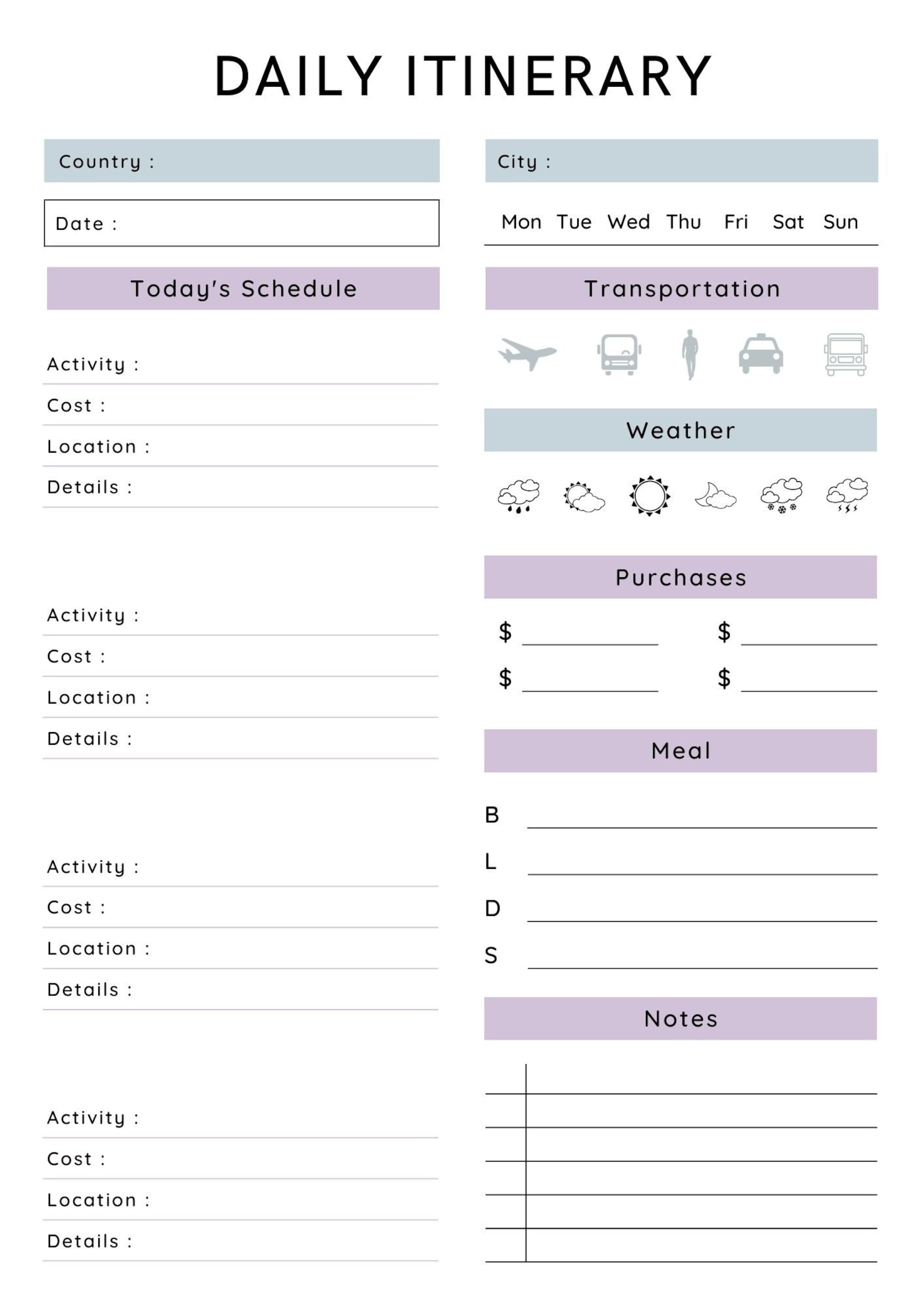 Daily Itinerary, Day to Day Itinerary Planner, Travel Planner, Daily ...