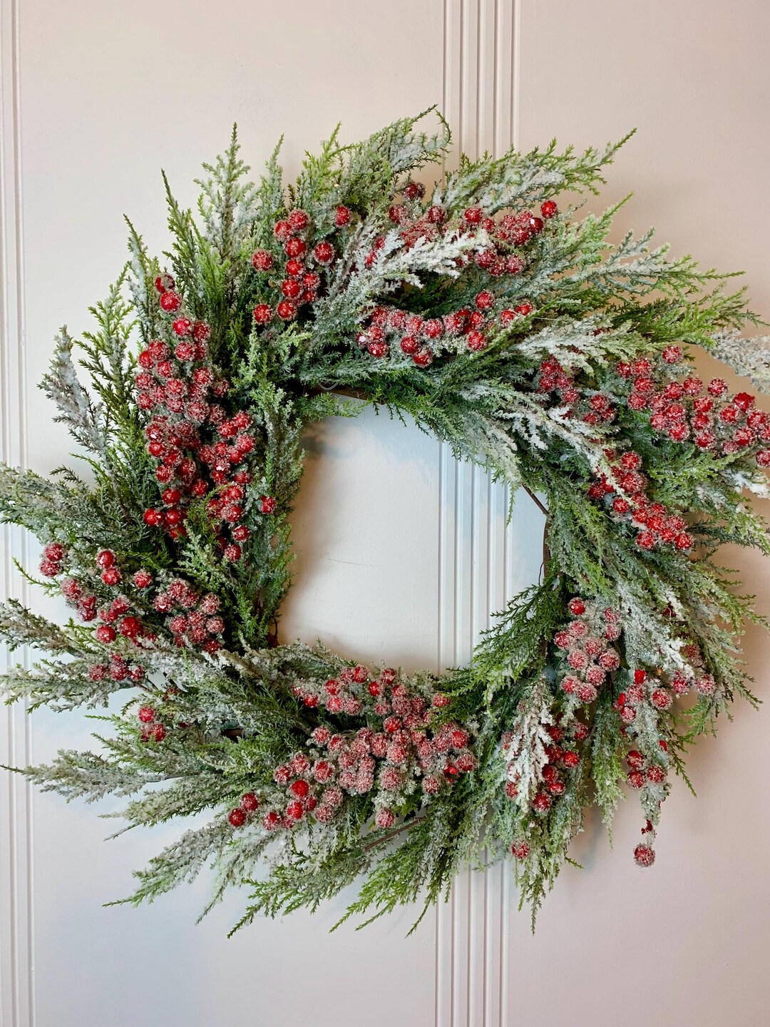 Flocked Cedar Winter Wreath: Frosted Red Berries Front Door Decor - Etsy