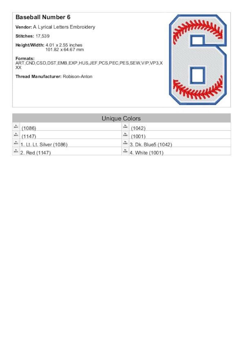 Baseball Number 6 Machine Embroidery Design Embroidery - Etsy