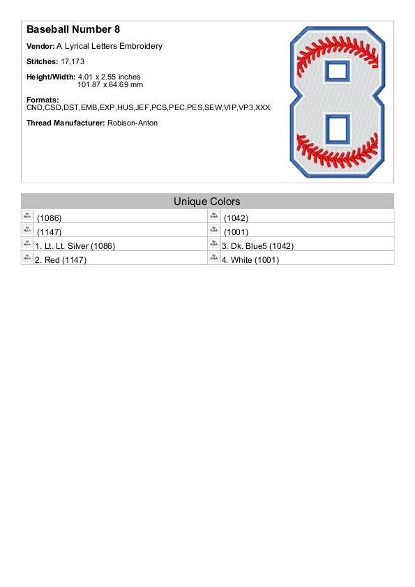 Baseball Number 8 Machine Embroidery Design Embroidery - Etsy