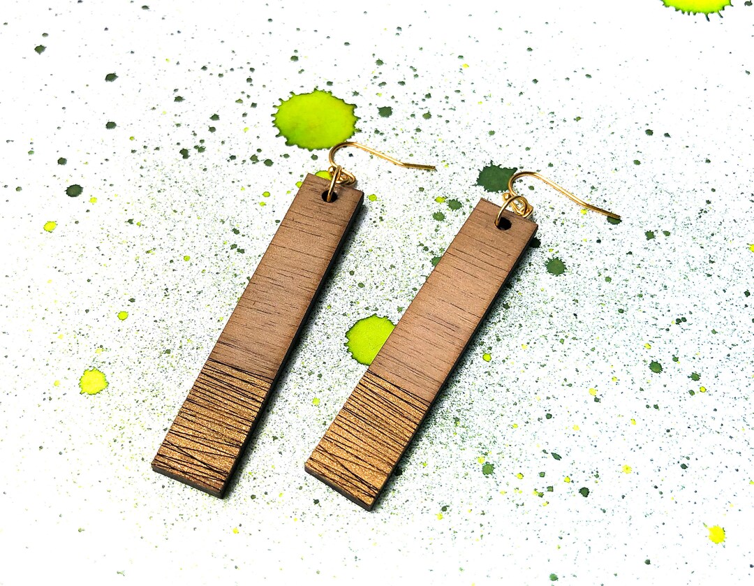 Walnut Wood Bar Earrings, Laser Engraved, With Gold Accent, 3" Drop - Etsy
