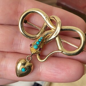 Rare Antique Victorian 375 9ct Gold & Turquoise Snake With Heart Hair ...