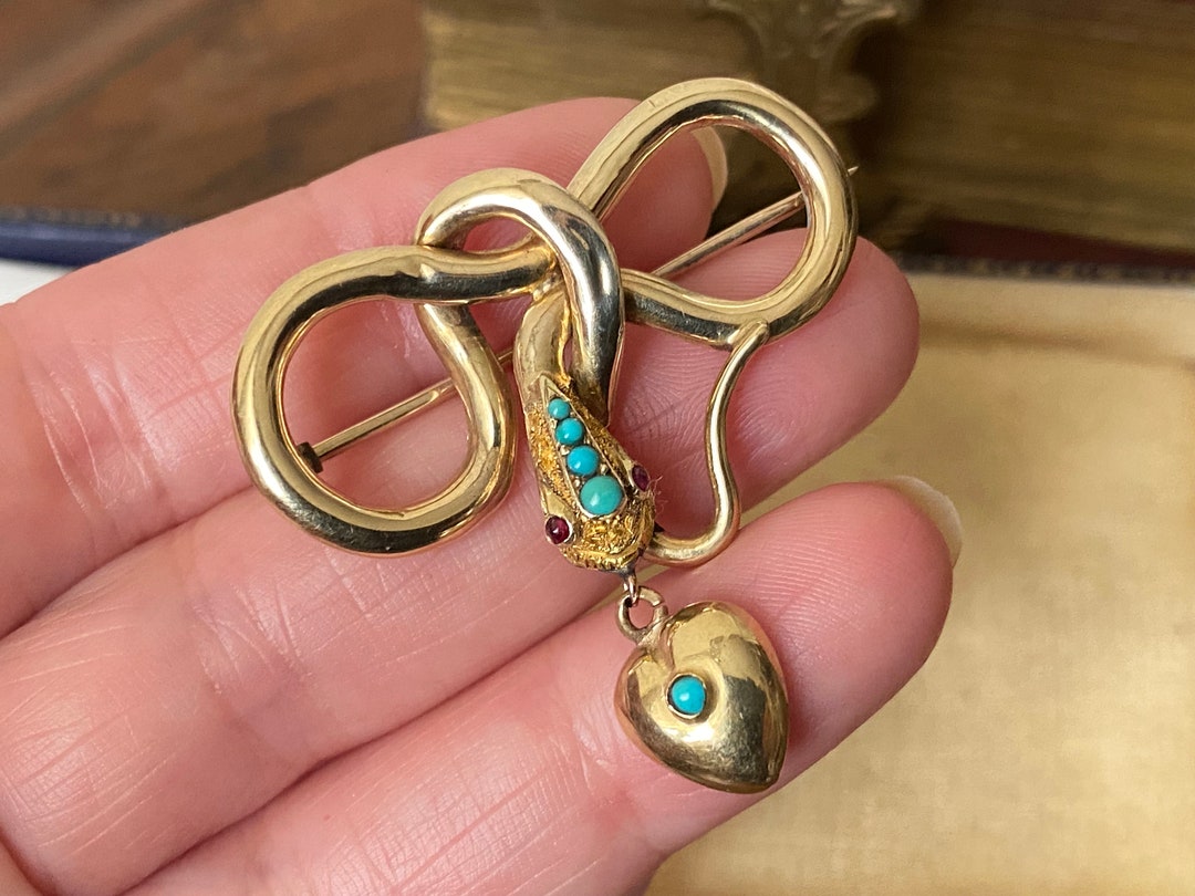 Rare Antique Victorian 375 9ct Gold & Turquoise Snake With Heart Hair ...