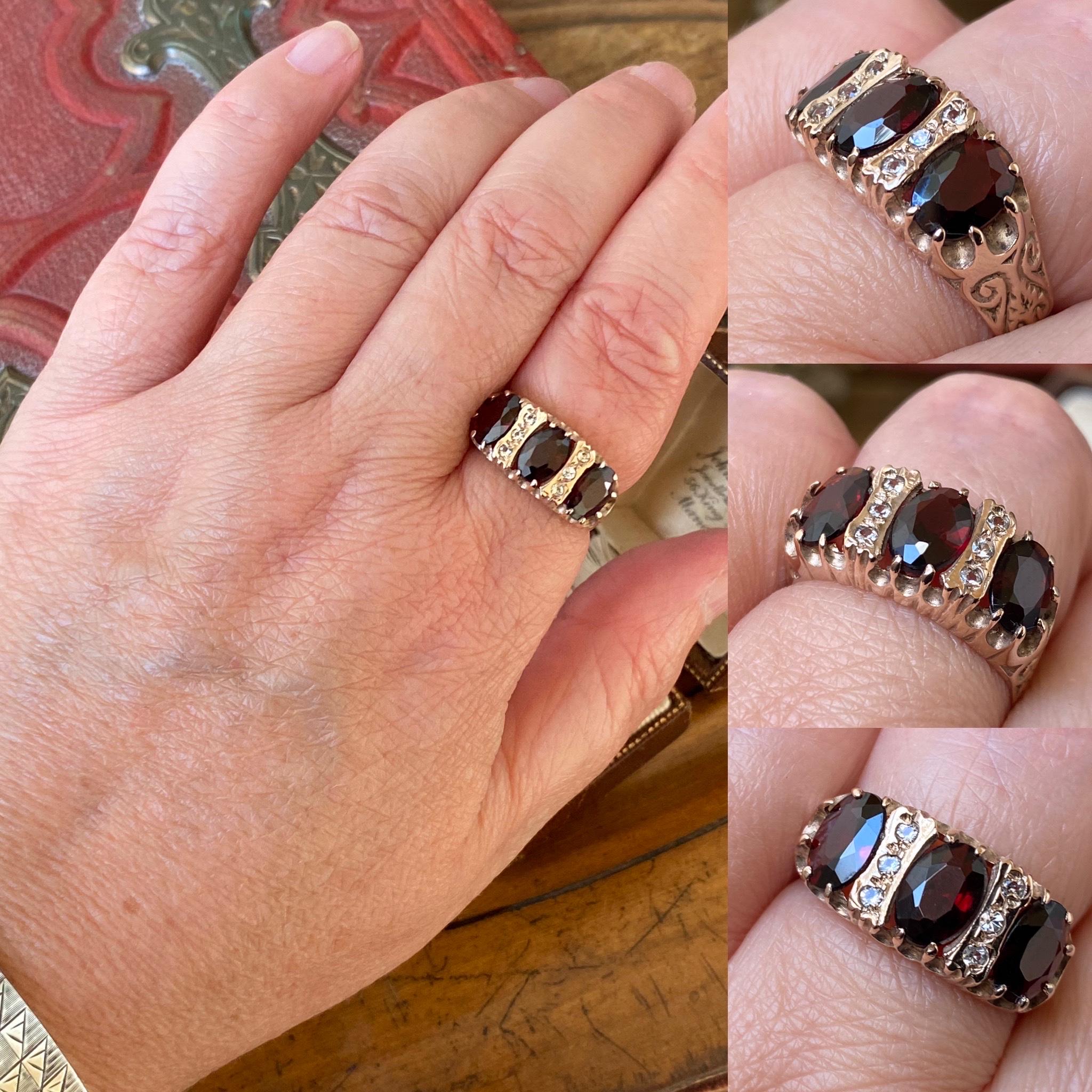Stunning Vintage English Hallmarked 375 9ct Gold Triple Garnet ...