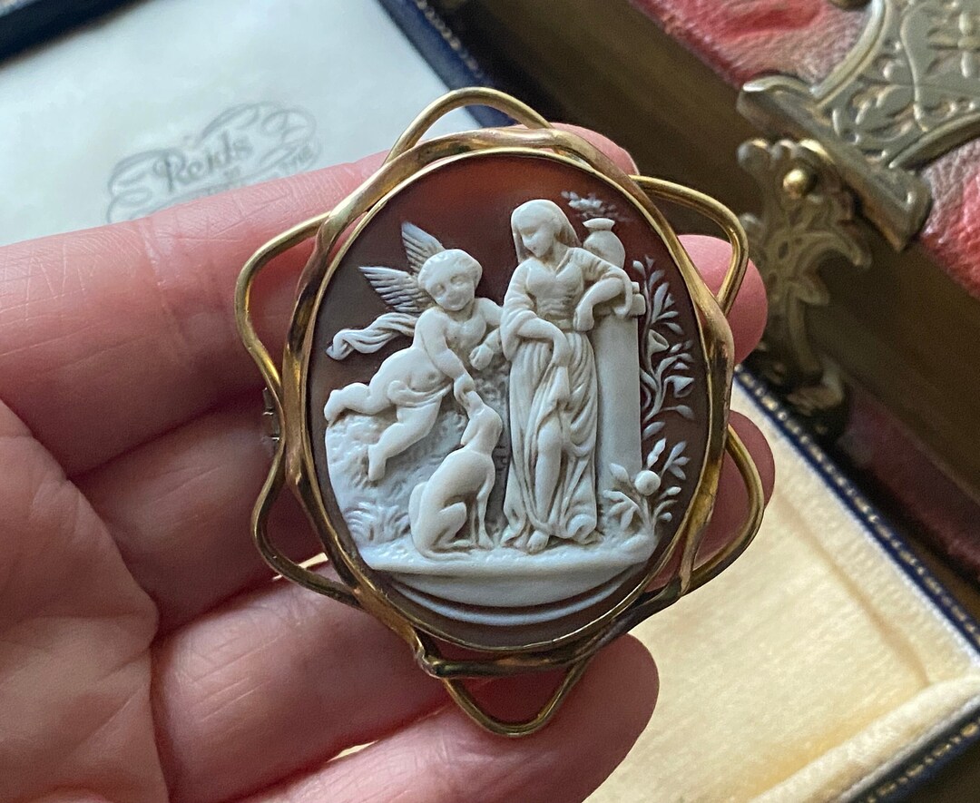 Unusual Rare Antique Victorian Carved Shell Cupid With Dog & Maiden Cameo Brooch / Pin-signed - Etsy