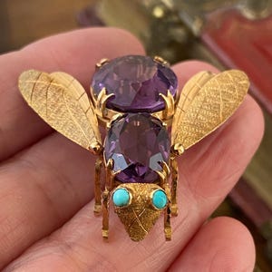 Stunning Antique /vintage 750 18ct Gold Amethyst & Turquoise Wasp /fly ...