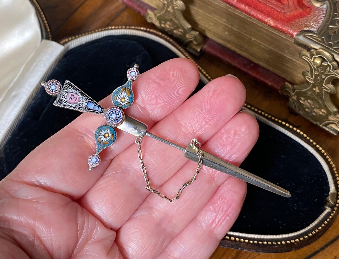 Unusual Antique Sterling Silver Micro Mosaic With Face Detail Sword ...