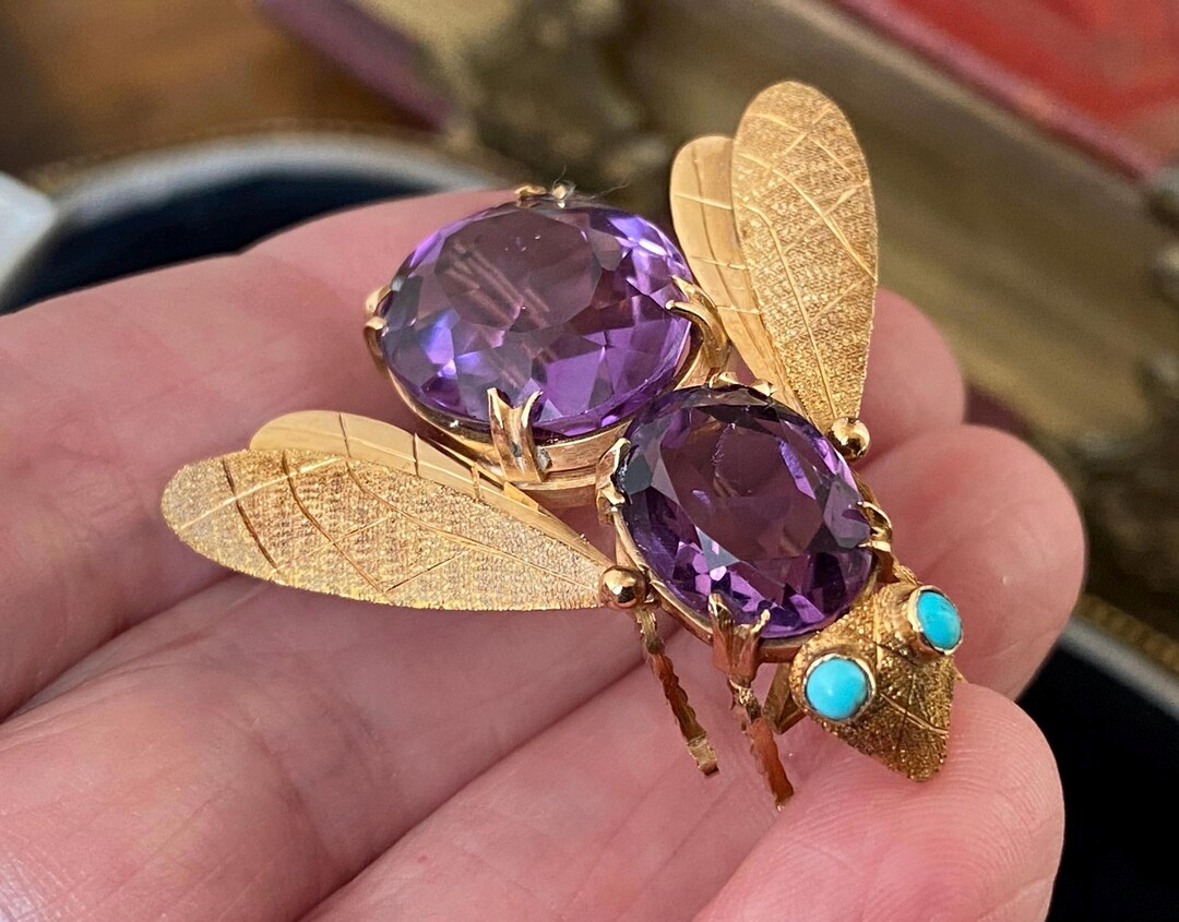 Stunning Antique /vintage 750 18ct Gold Amethyst & Turquoise Wasp /fly ...