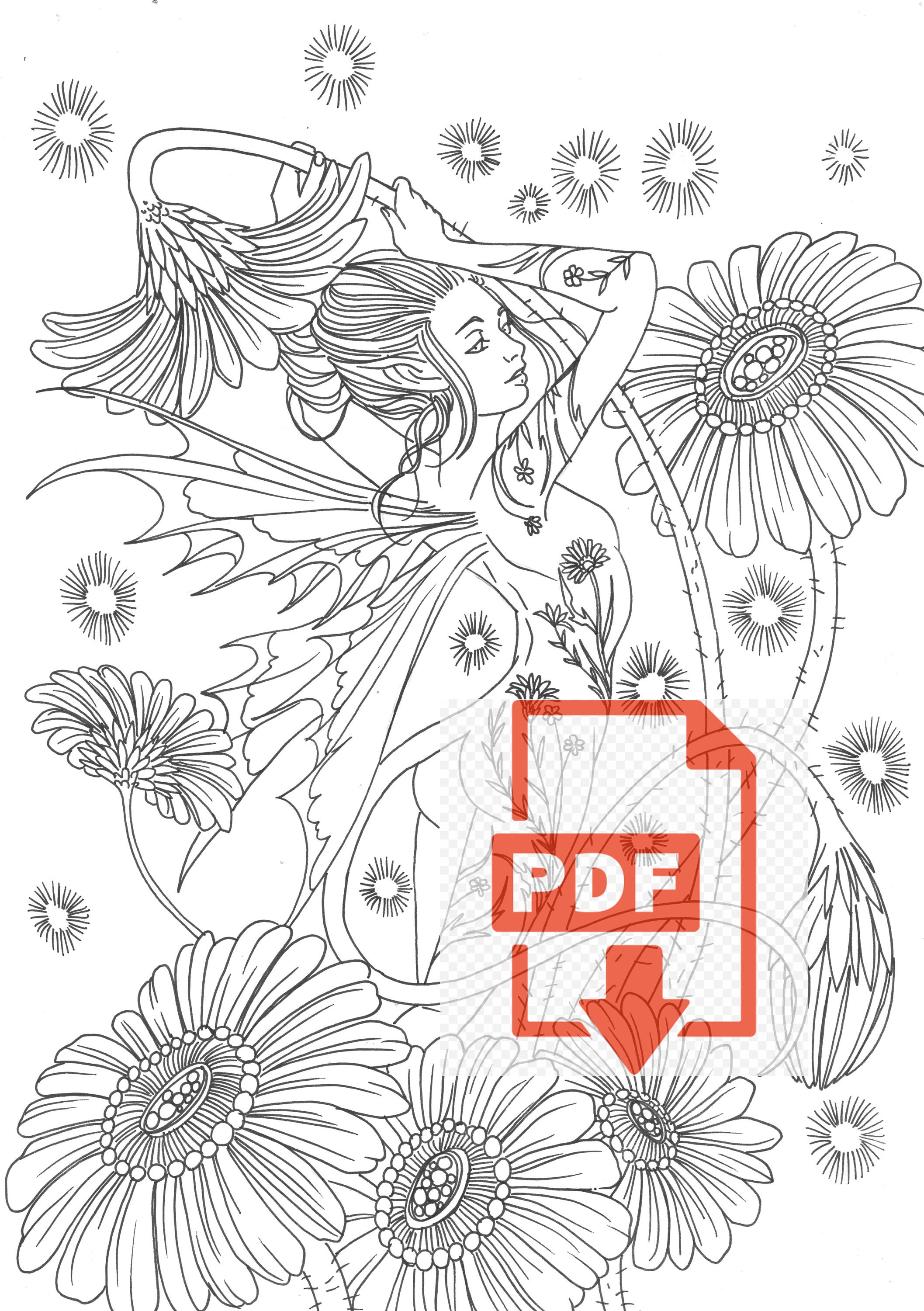 Flower Fairy Coloring Page Lineart PDF - Etsy