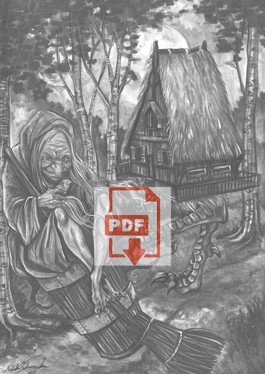 Baba Yaga Grayscale 3 Tone Coloring Page PDF - Etsy