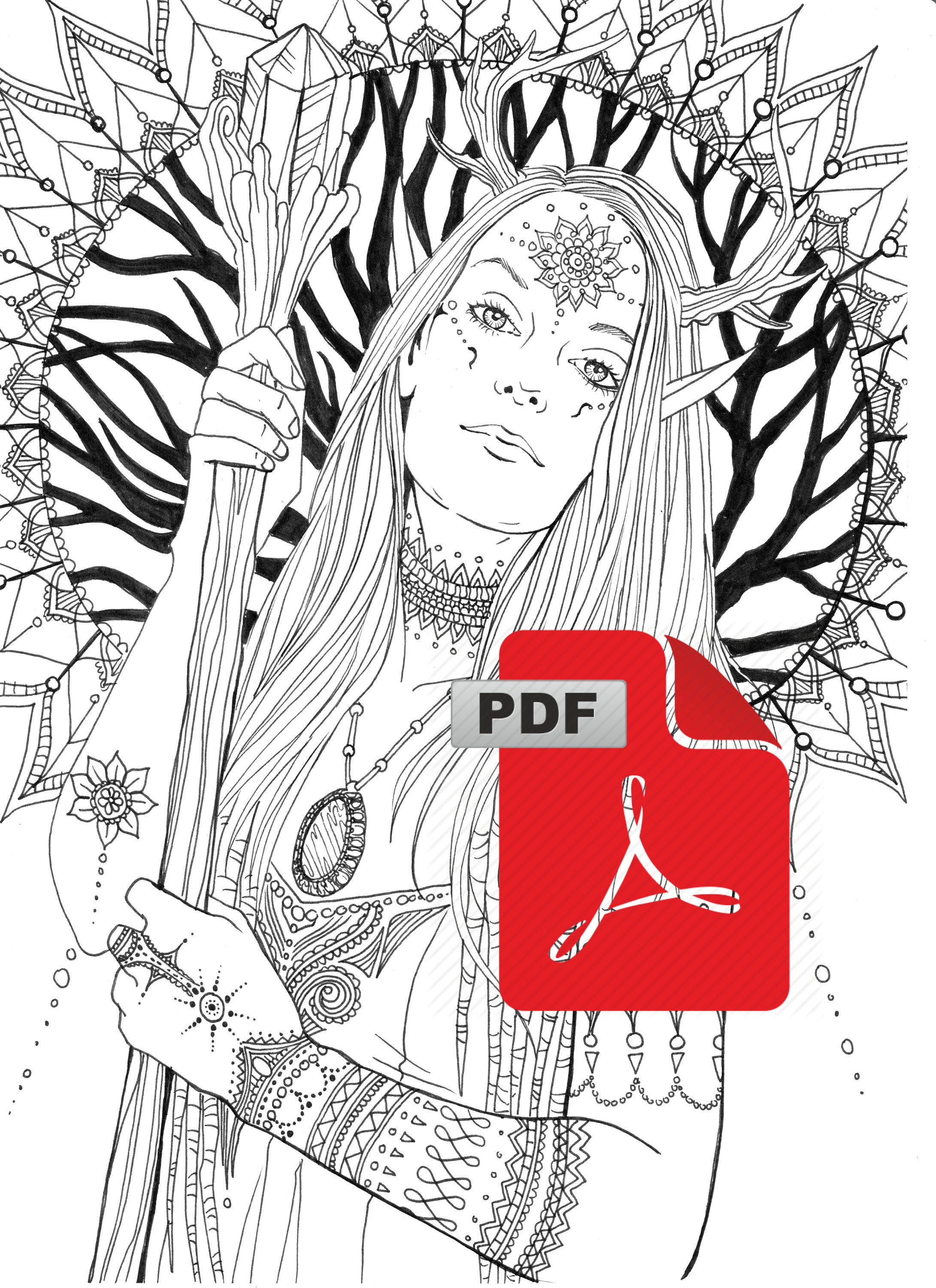 Elf Mage Single Pdf Coloring Page Hollow Moon Art | Etsy