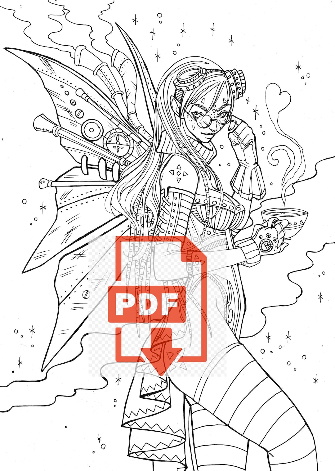 Steampunk Fairy Lineart PDF Coloring Page - Etsy