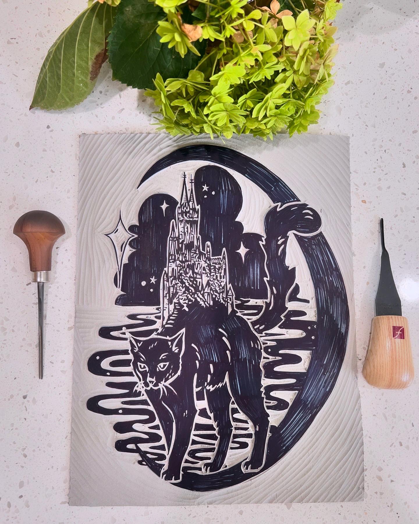 Spooky Cat-stle - Linocut Print for Wall Art - Etsy