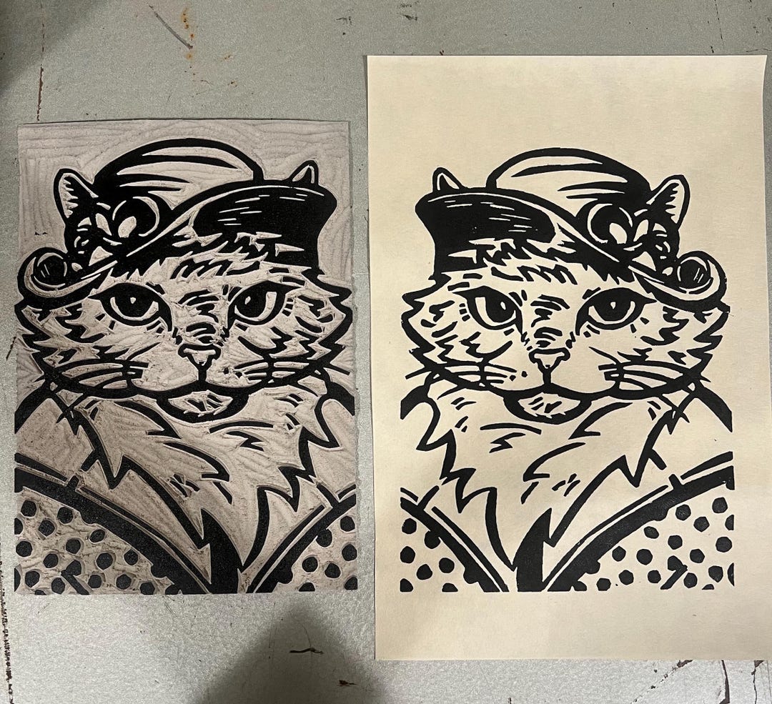 Flapper Kitty - Cat Linocut Print - Etsy