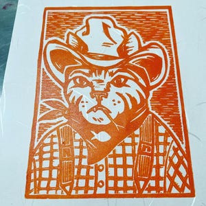 The Bandit - Linocut Print Cowboy Cat for Wall Art - Etsy