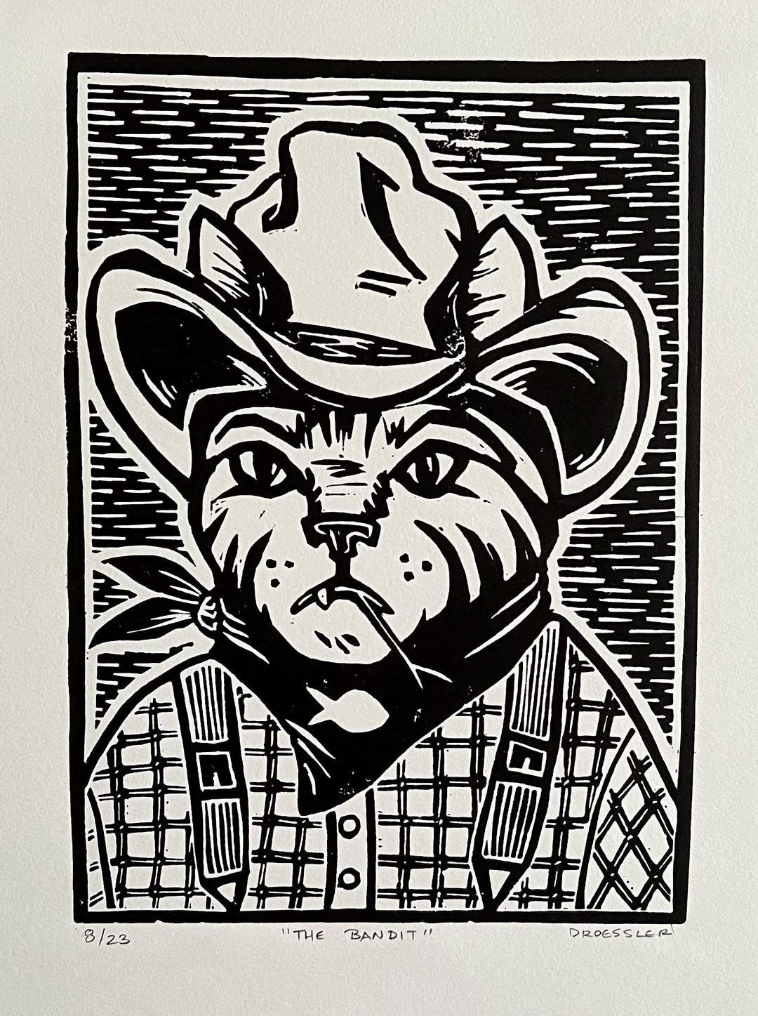 The Bandit - Linocut Print Cowboy Cat for Wall Art - Etsy