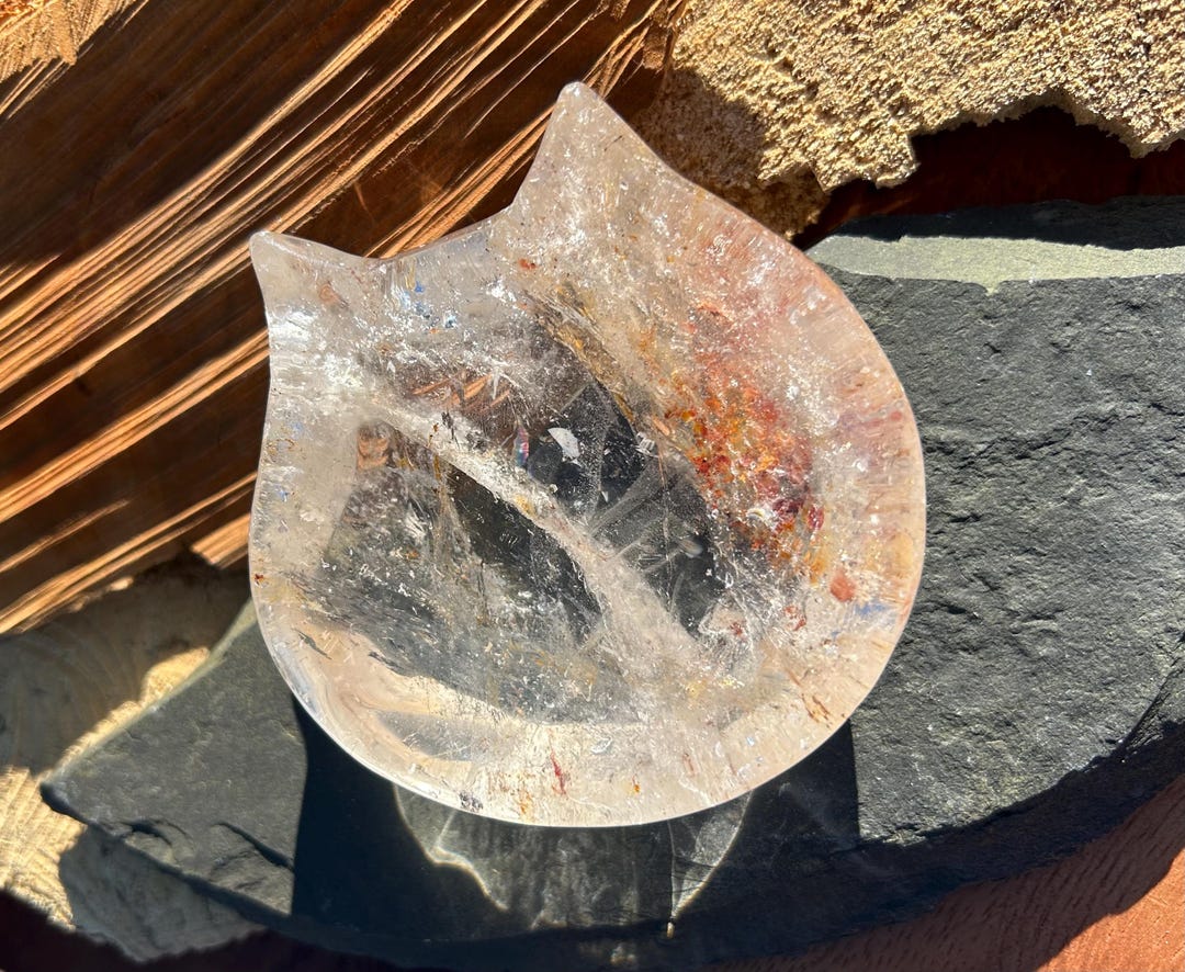 Golden Healer Quartz Crystal Cat Head Bowl Carving Trinket Jewelry Dish ...