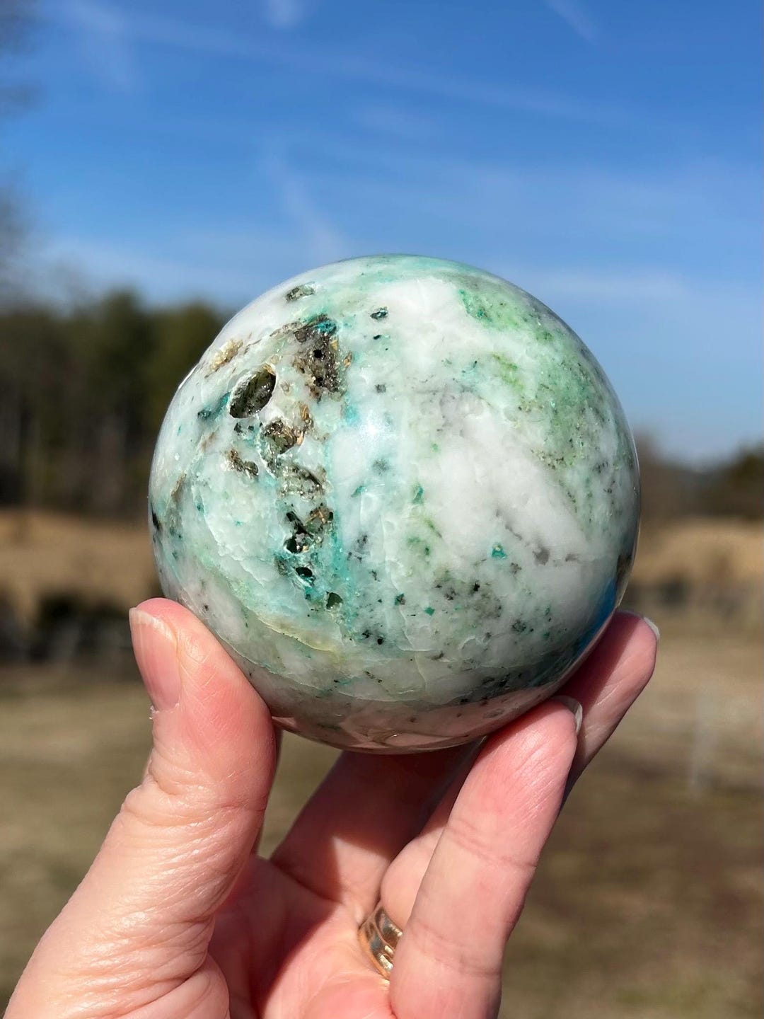 Phoenix Stone Crystal Sphere: Hand Carved Ajoite Compassion Stone (72mm ...