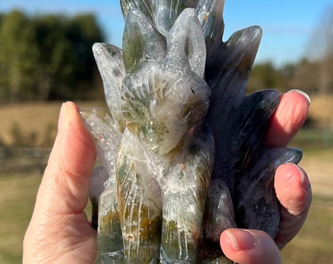 Moss Agate 9 Nine Tailed Fox Kitsune Deity Druzy Carving Crystals ...
