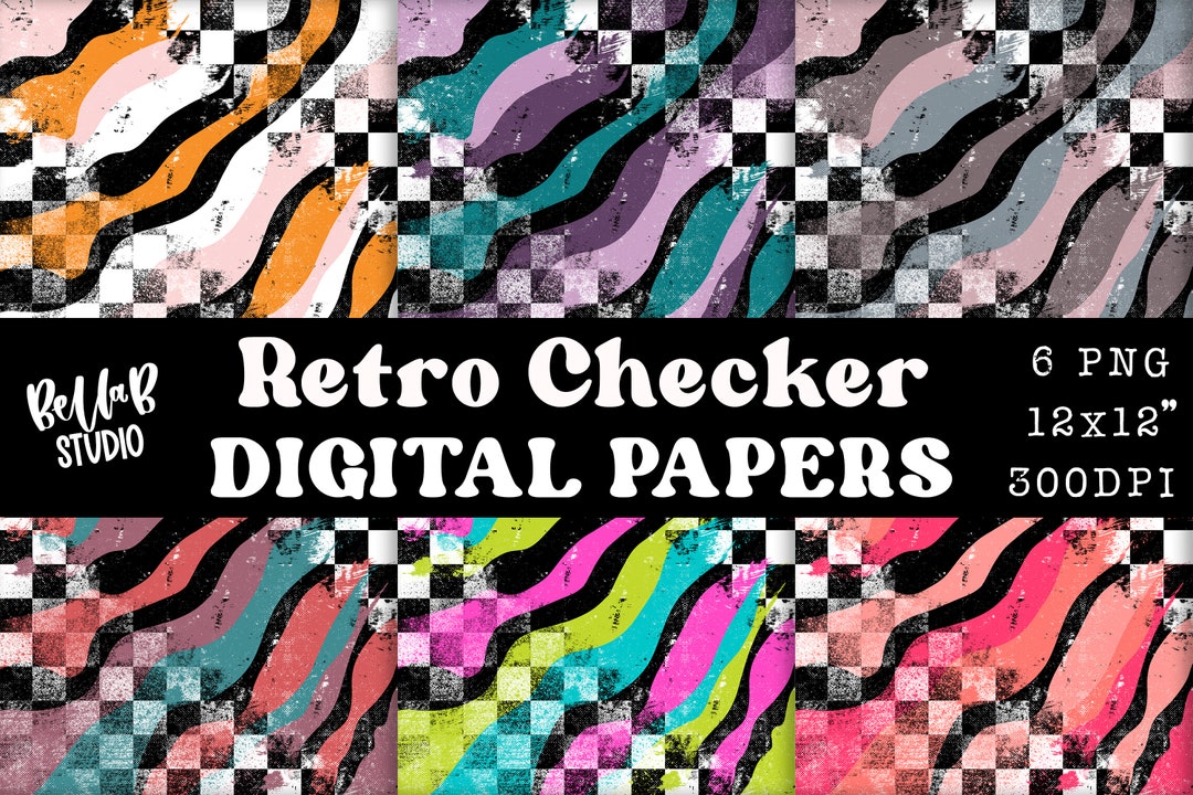 Retro Wavy Checkered Digital Paper, Retro Boho Sublimation Pattern ...