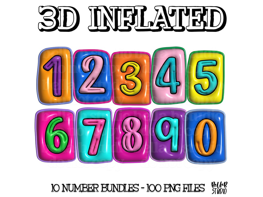 3D Inflated PNG Numbers Set, Bright Alpha, Bubble Puffy Alphabet, 3D ...