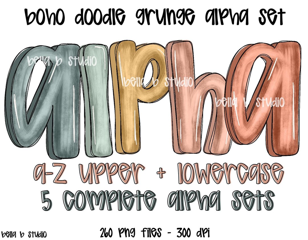 Boho Doodle Alpha PNG Bundle, Grunge, Cute Alpha PNG, Alphabet, Doodle ...
