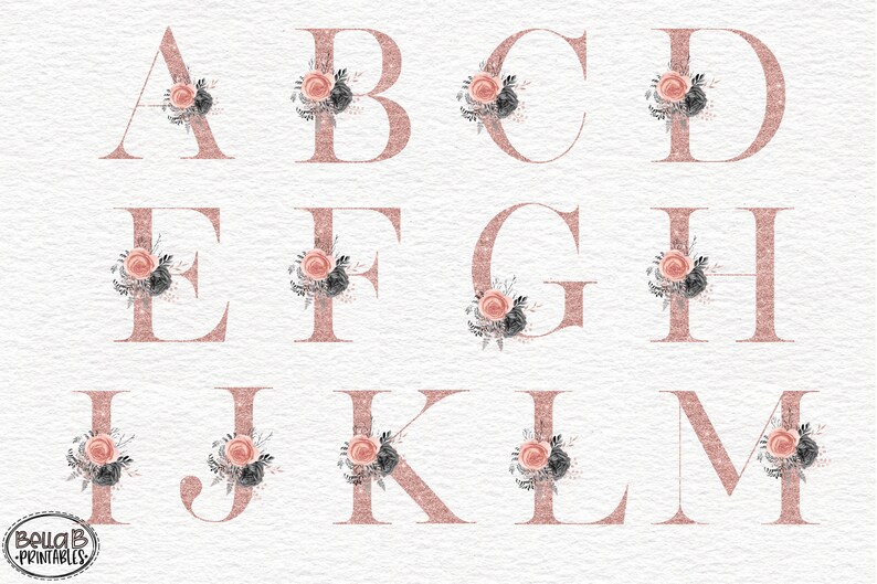 Rose Gold Glitter Floral Alphabet Set, Alphabet Clipart, Sublimation ...