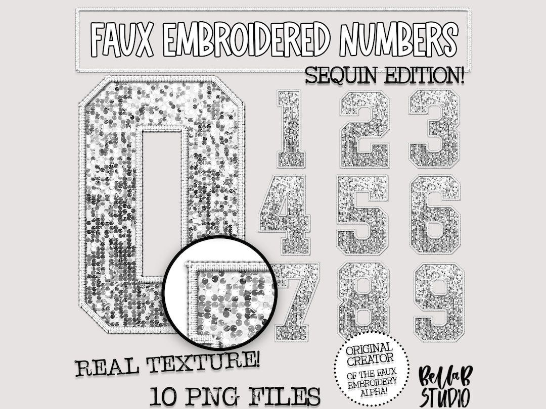 Faux Embroidered Sequin PNG Numbers Set, White Sequin, White Faux ...