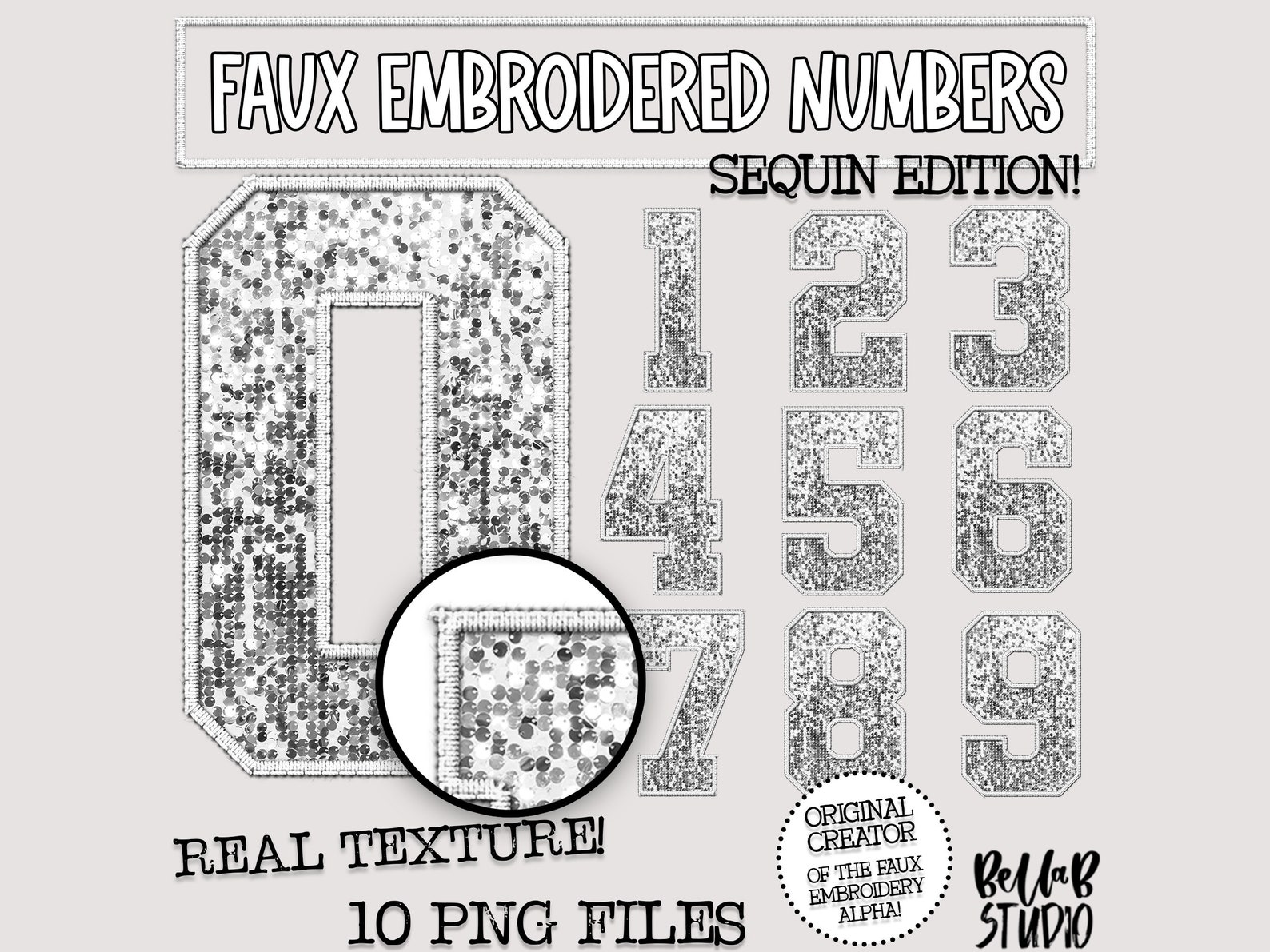 Faux Embroidered Sequin PNG Numbers Set, White Sequin, White Faux ...