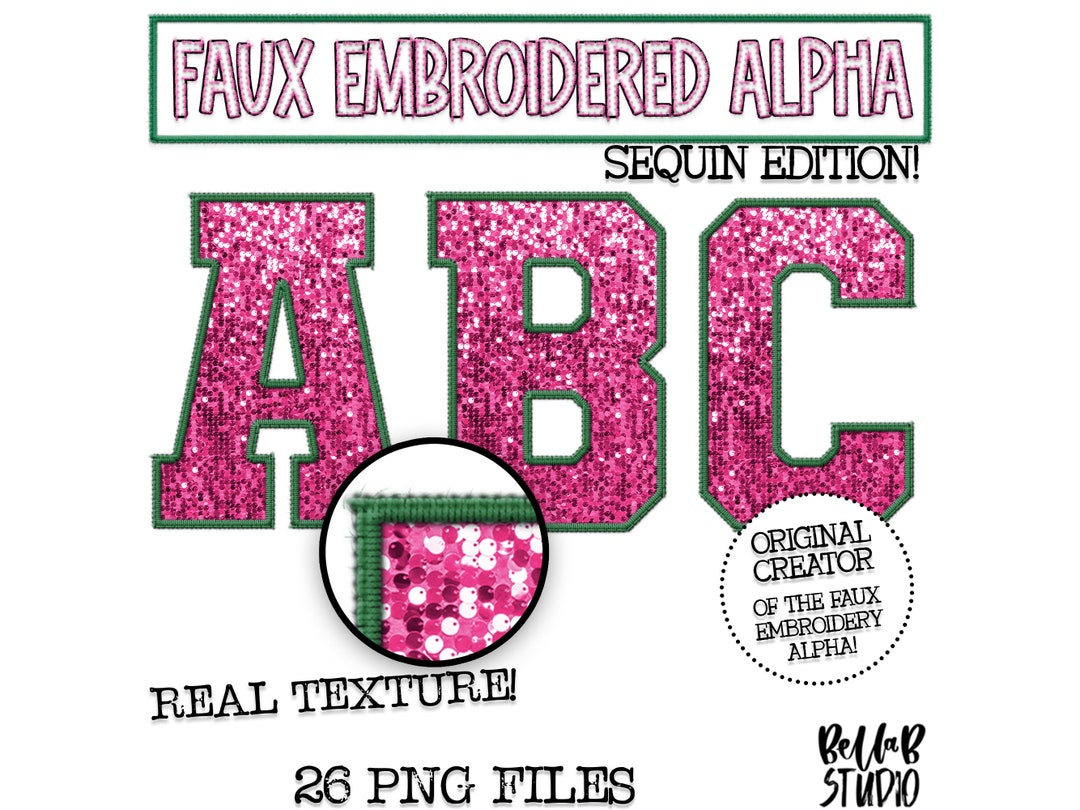 Faux Embroidered Sequin PNG Alphabet Set, Pink Sequin, Pink Green Faux ...