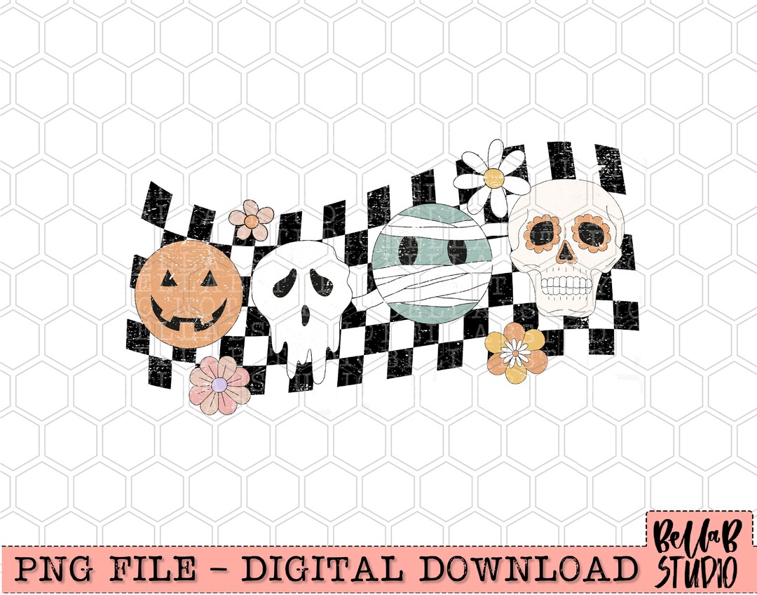 Checkered Halloween Faces PNG Sublimation Design, Retro Ghost, Retro ...