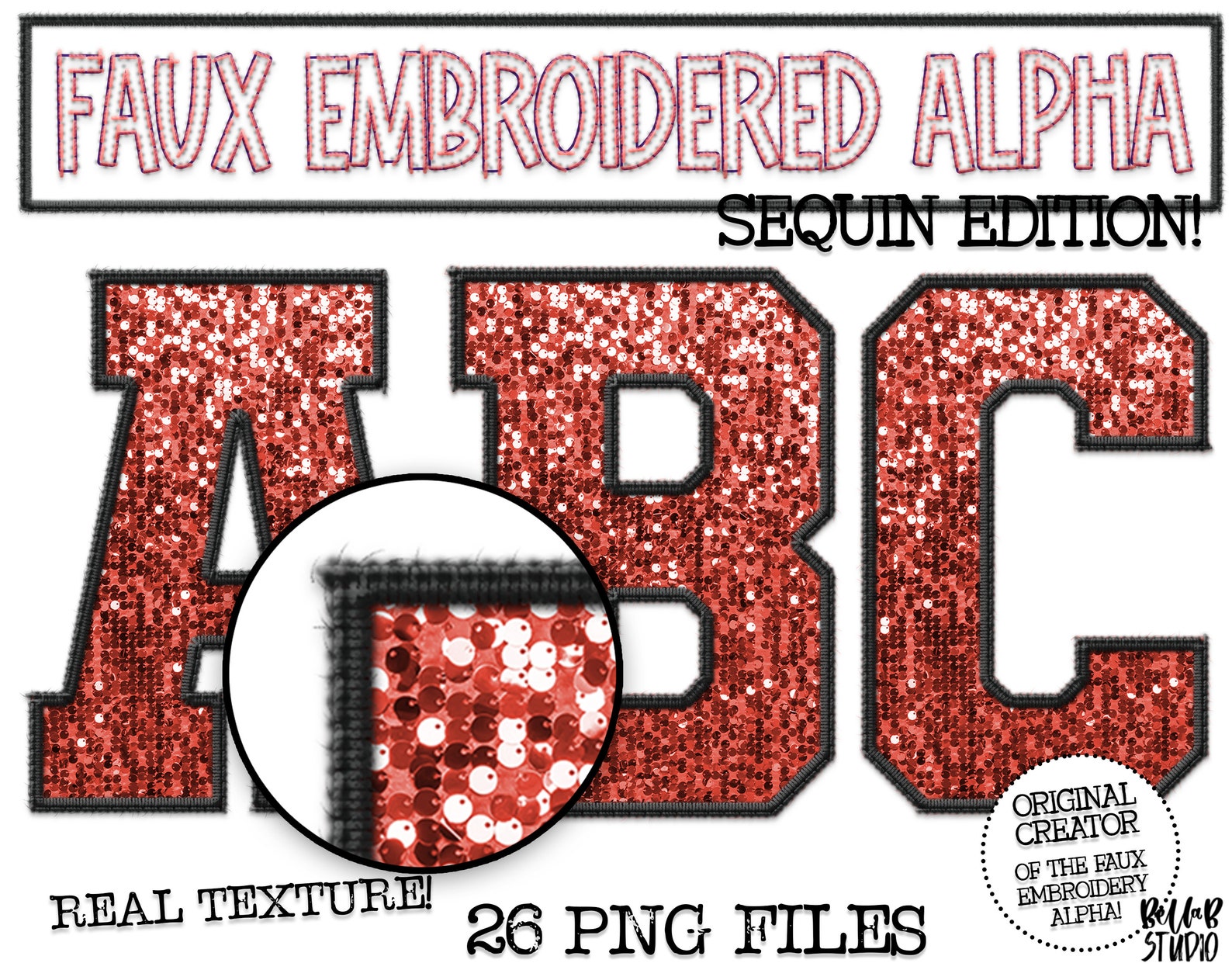 Faux Embroidered Sequin PNG Alphabet Set, Red Sequin, Red Faux Sequin ...