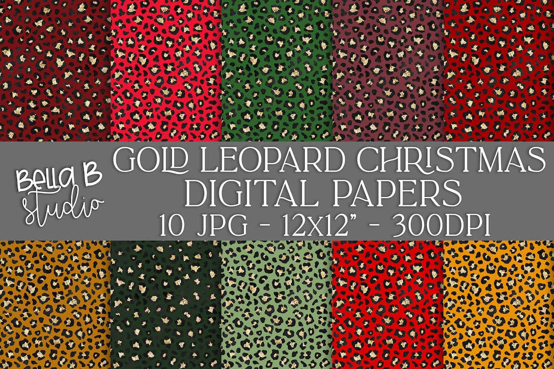 Gold Christmas Leopard Print Digital Paper, Chritsmas Digital Paper ...