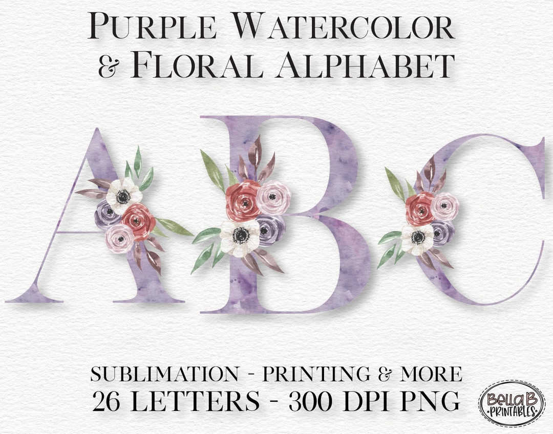 Purple Watercolor Floral Alphabet Set, Alphabet Clipart, Sublimation ...
